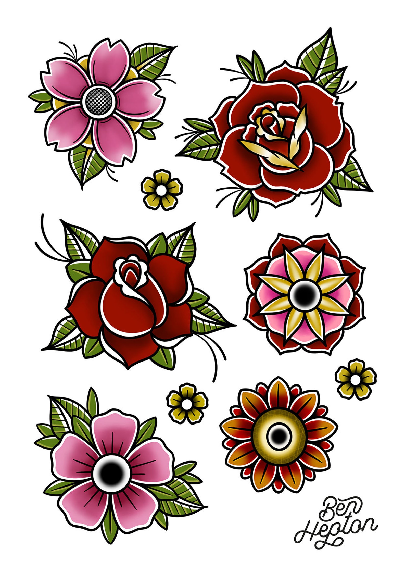 Flower Themed Tattoo Flash Sheet A4 Print Tattoo Tattoo - Etsy