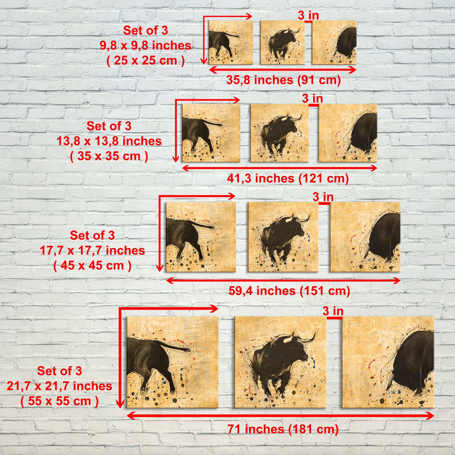 Bull Wall Art Print Bull Painting Set of 3 Canvas Prints - Etsy