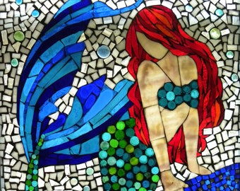 Mermaid Mosaic Glass Panel, Ocean, Sea Scape, Corral, Shells, Under the ...