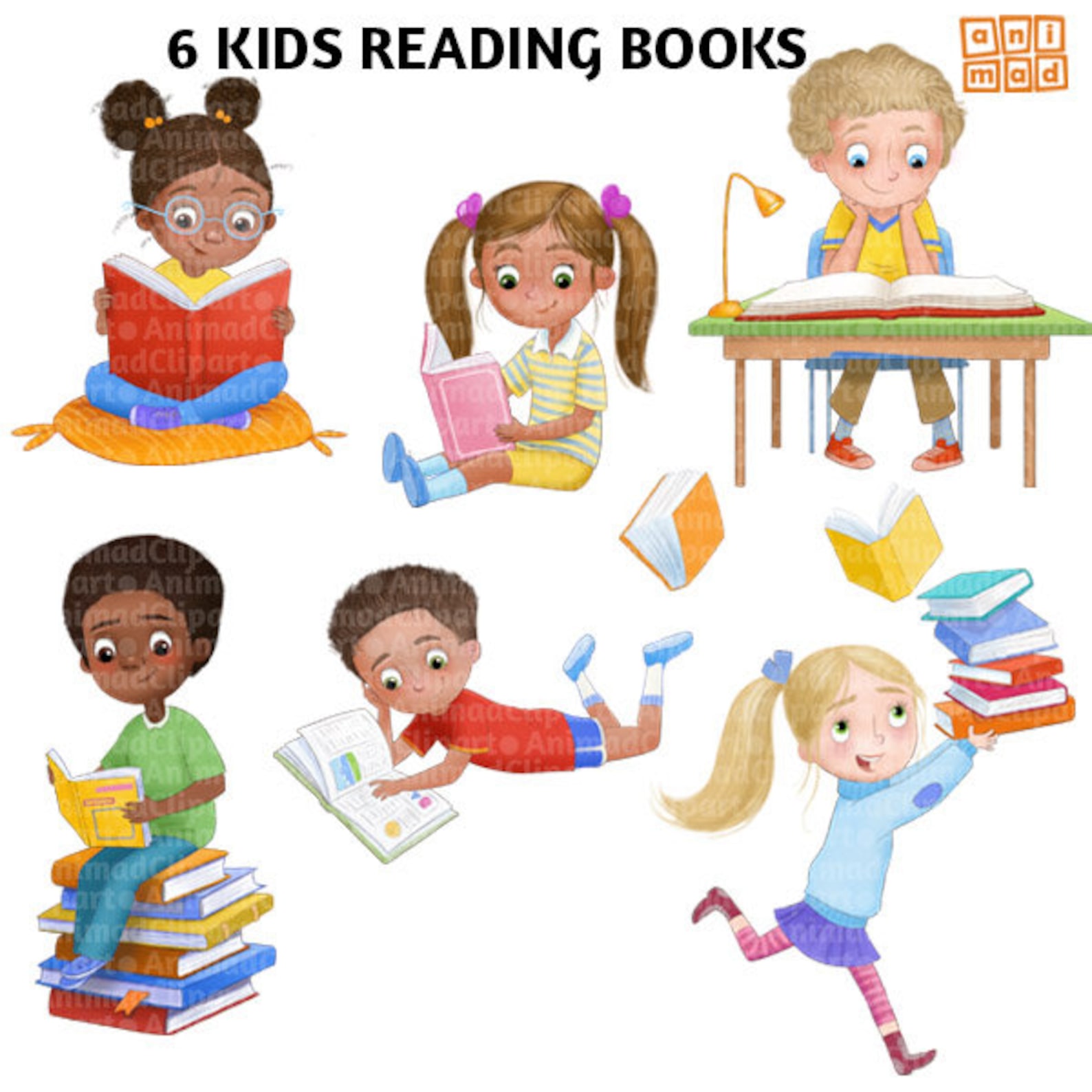 Kids Reading Books Clipart: Diverse Children, Cartoon Style (digital ...