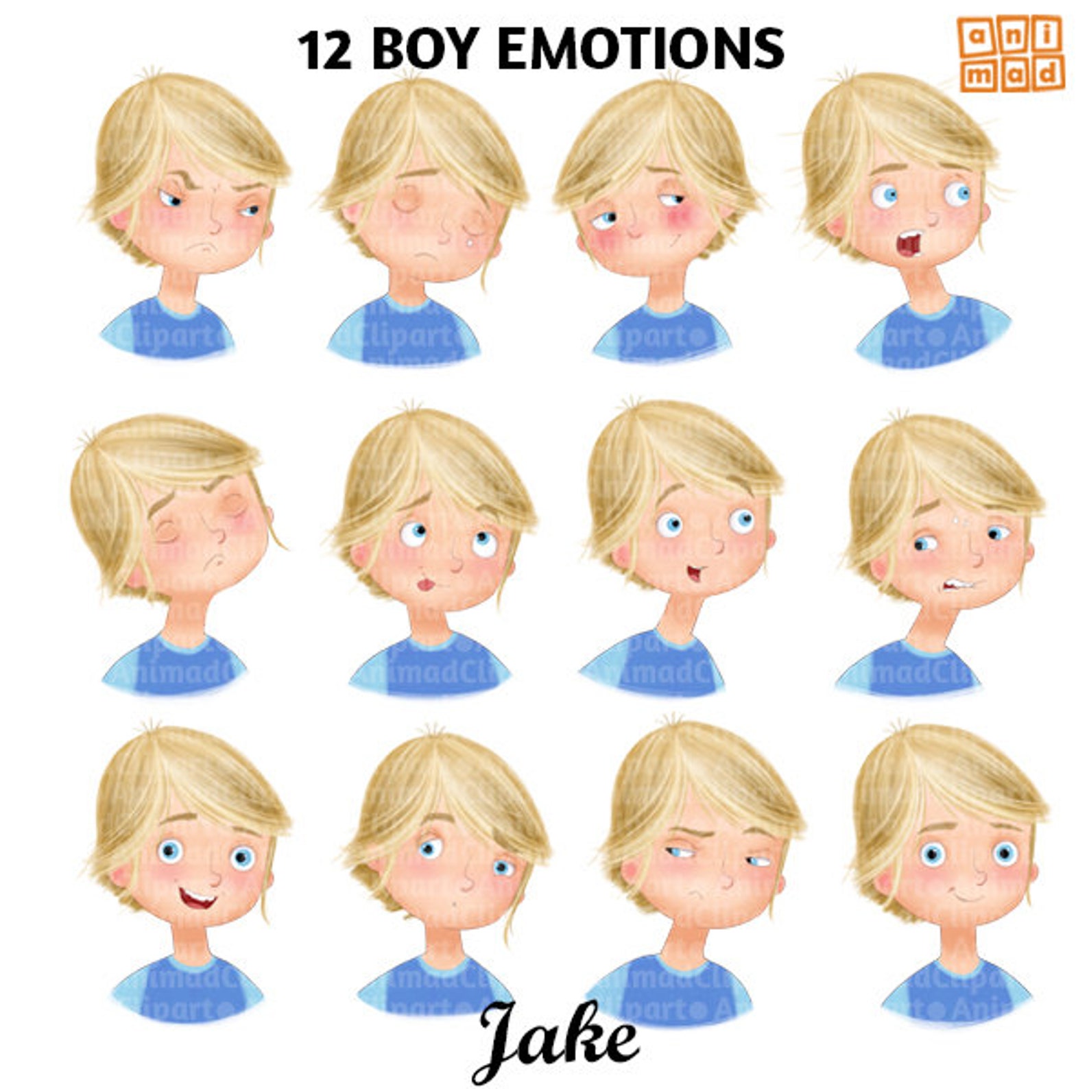 BOY EMOTIONS Clip Art for Kids, Feelings Clipart, Caucasian Boy ...