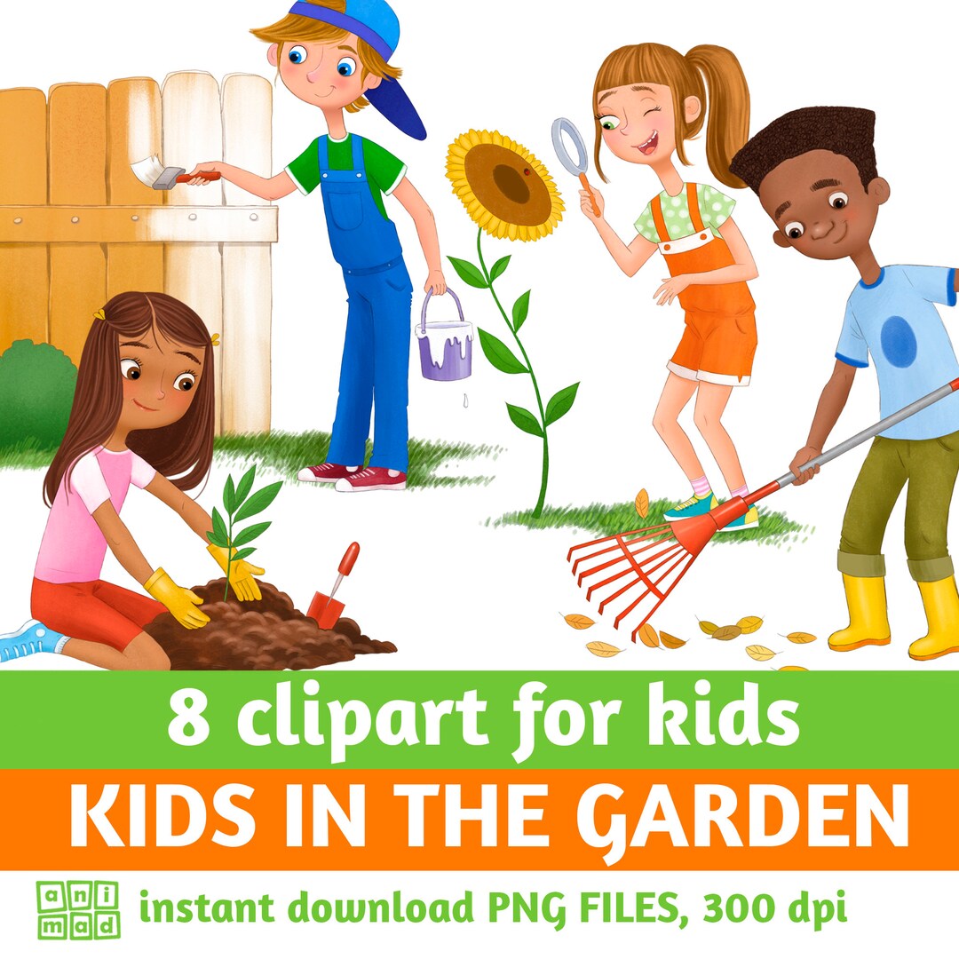 Kids in Garden Clipart: Diverse Children Gardening (instant Download ...