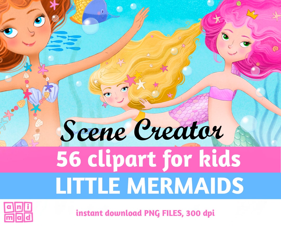 MERMAIDS Clip Art for Kids, SCENE CREATOR, Diversity, Sea Elements ...