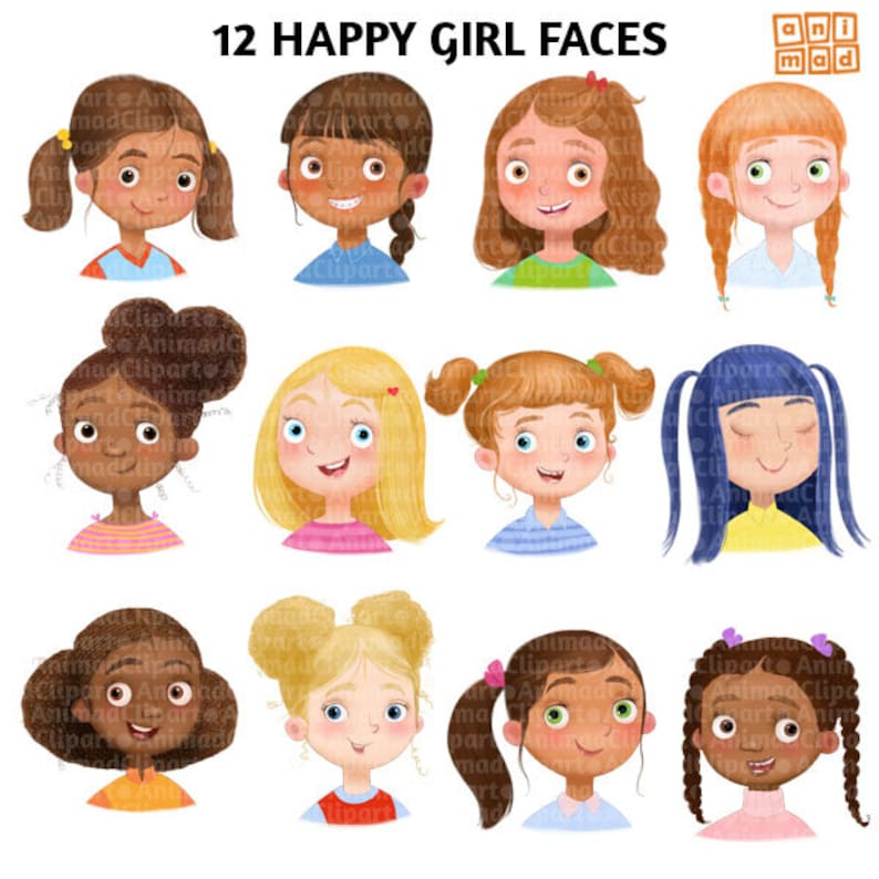 HAPPY Girls Clip Art for Kids, Girls Faces, Diversity, Feelings Clipart ...