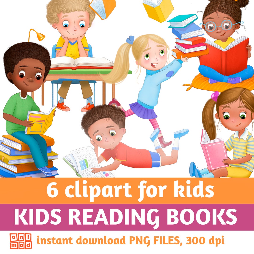 Kids Reading Books Clipart: Diverse Children, Cartoon Style (digital ...