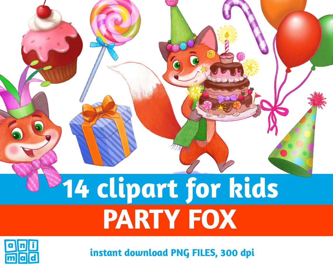 PARTY FOX Clip Art for Kids, Birthday Clipart, Party Clipart, Funny Fox ...