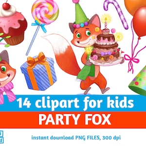 PARTY FOX Clip Art for Kids, Birthday Clipart, Party Clipart, Funny Fox ...