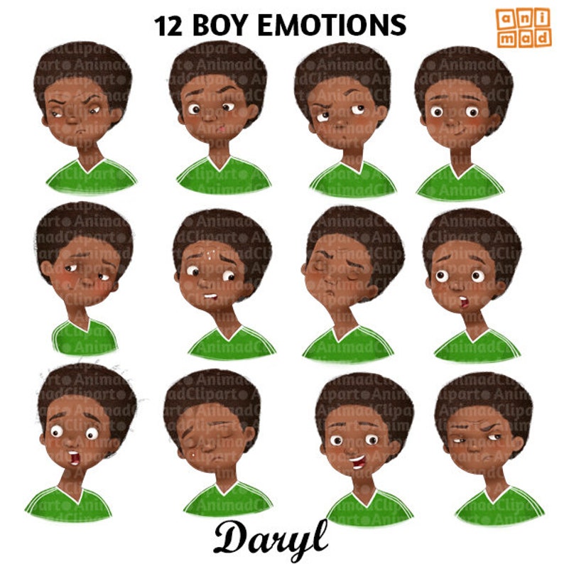 BOY EMOTIONS Clip Art for Kids, Feelings Clipart, Afro American Boy ...