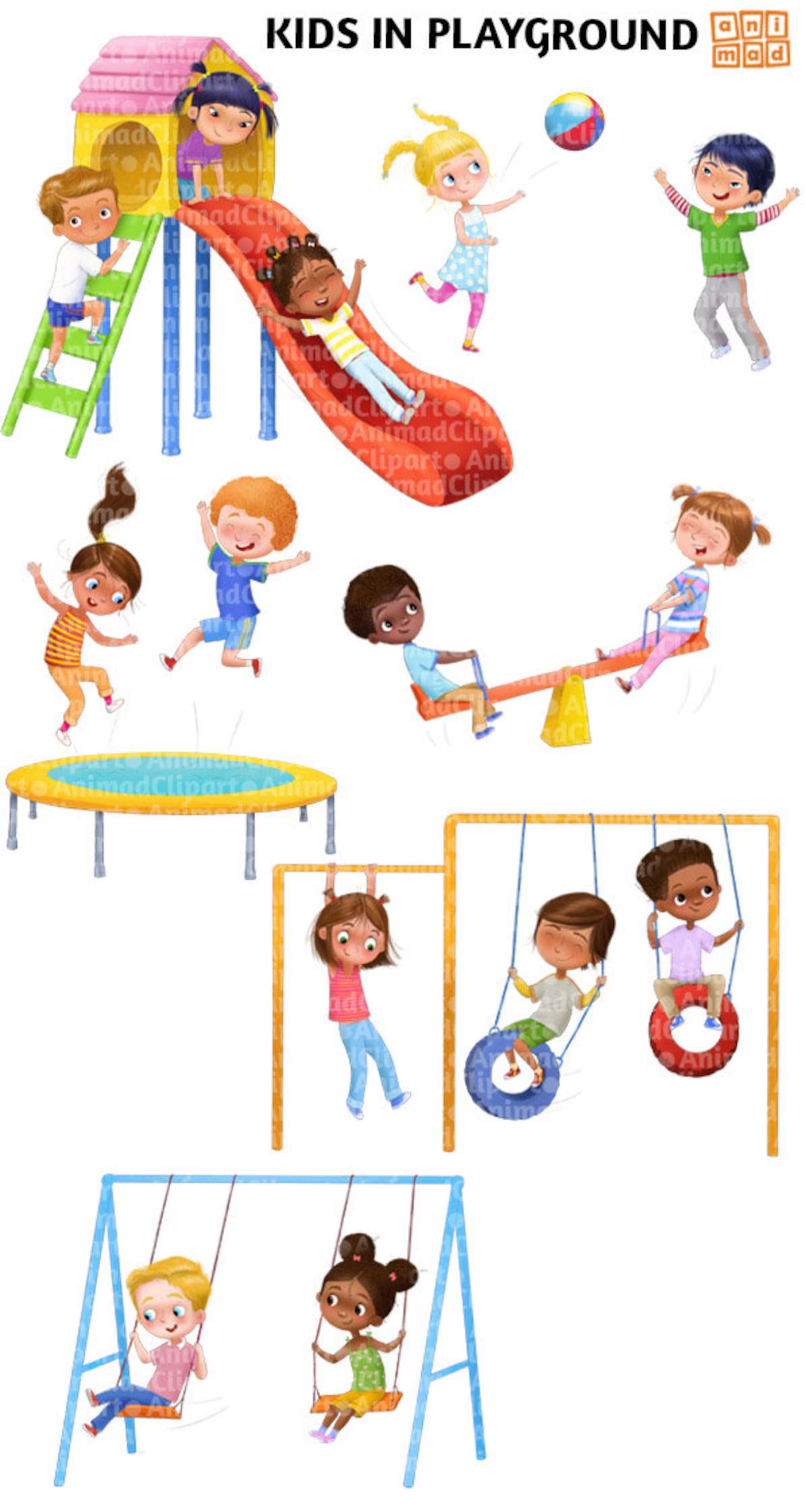 Playground Kids Clip Art: Diverse Children Playing (PNG Digital ...