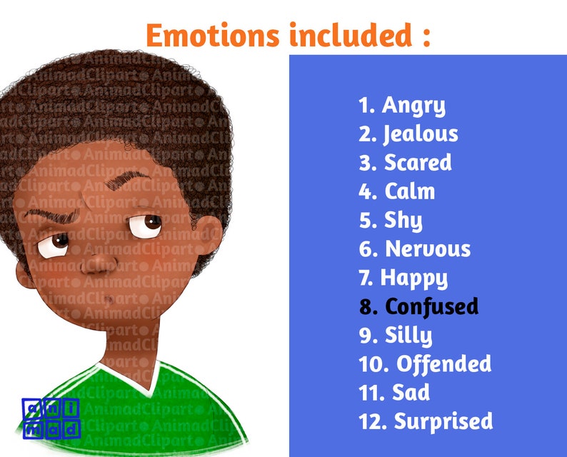 BOY EMOTIONS Clip Art for Kids, Feelings Clipart, Afro American Boy ...