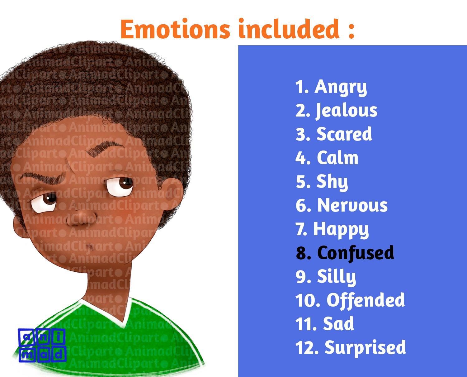 BOY EMOTIONS Clip Art for Kids, Feelings Clipart, Afro American Boy ...