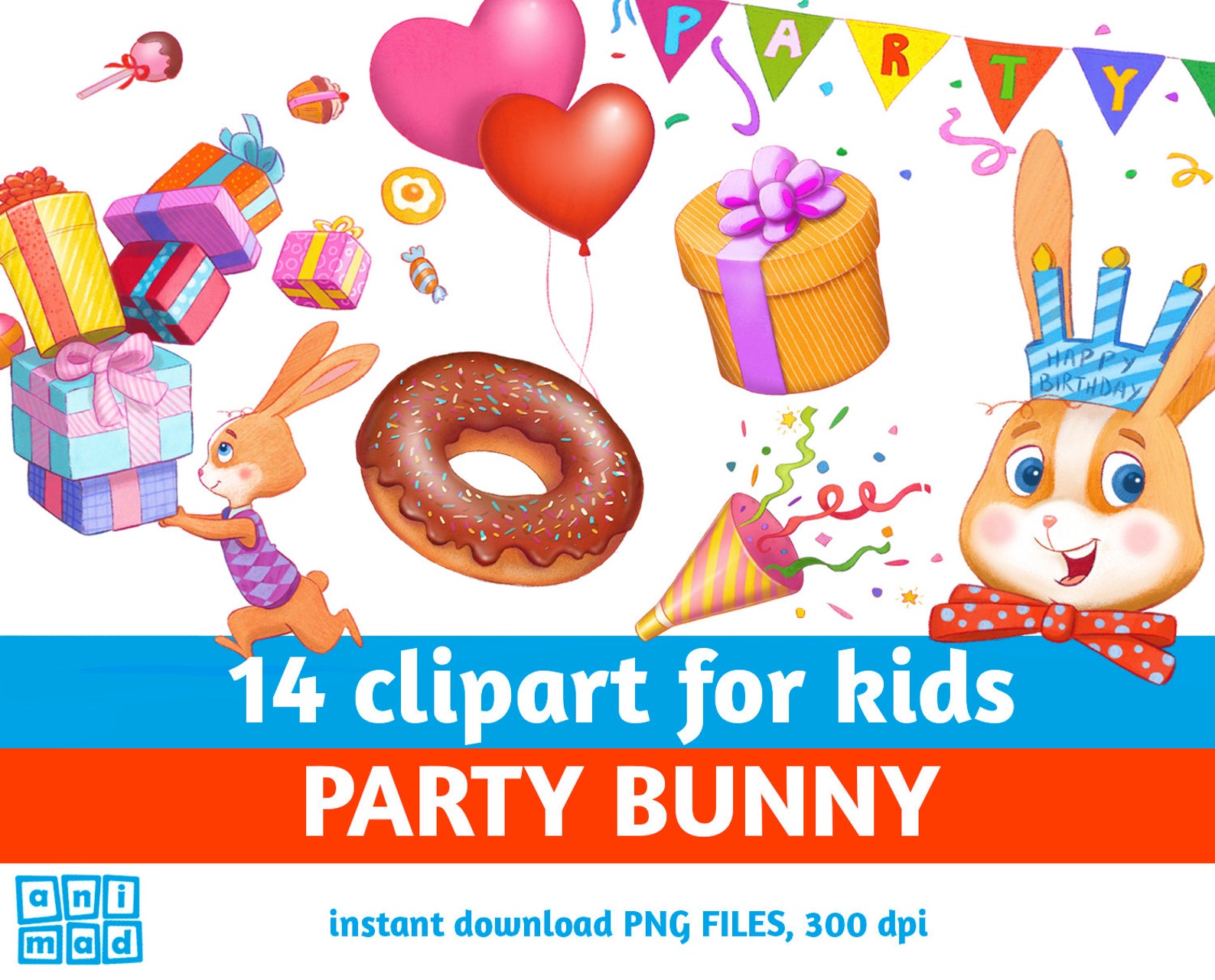 PARTY BUNNY Clip Art for Kids, Birthday Clipart, Party Clipart, Funny ...