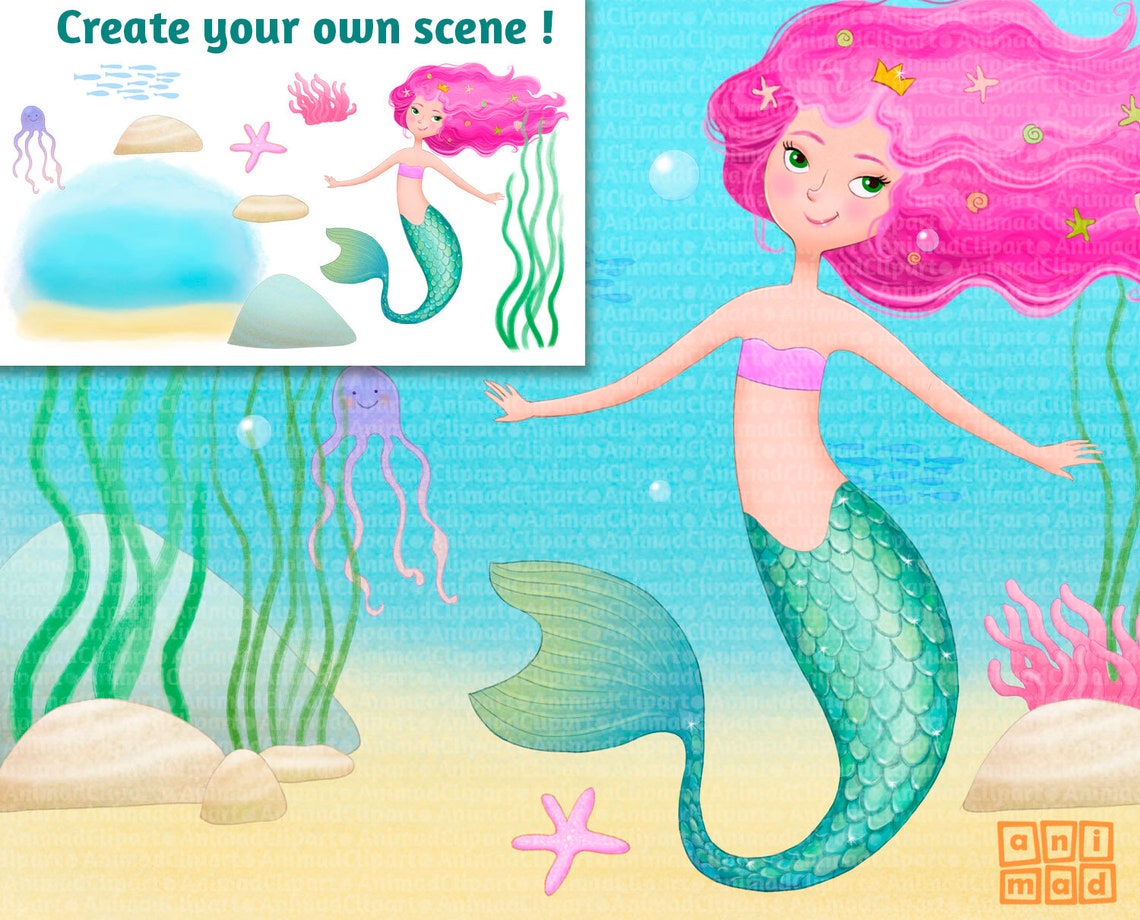 MERMAIDS Clip Art for Kids, SCENE CREATOR, Diversity, Sea Elements ...