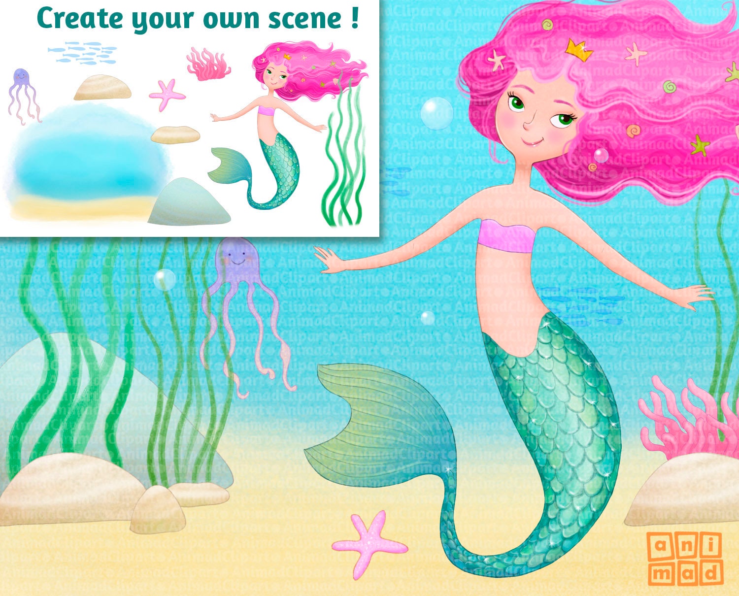 MERMAIDS Clip Art for Kids, SCENE CREATOR, Diversity, Sea Elements ...