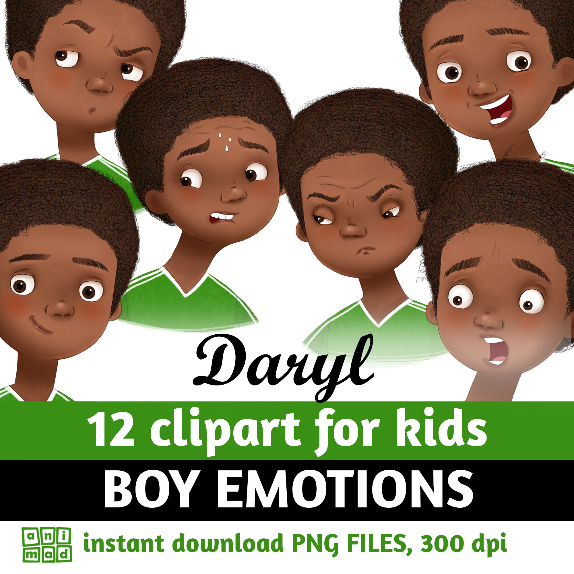 BOY EMOTIONS Clip Art for Kids, Feelings Clipart, Afro American Boy ...