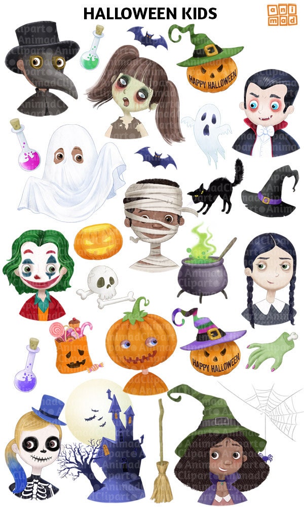HALLOWEEN Kids Clip Art for Kids, Cartoon Characters, Creepy Clipart ...