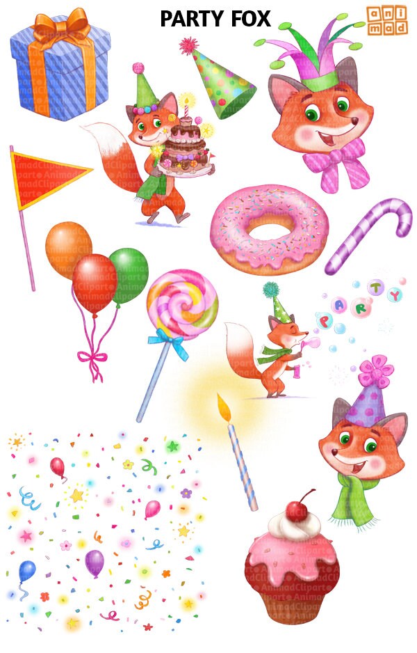 PARTY FOX Clip Art for Kids, Birthday Clipart, Party Clipart, Funny Fox ...