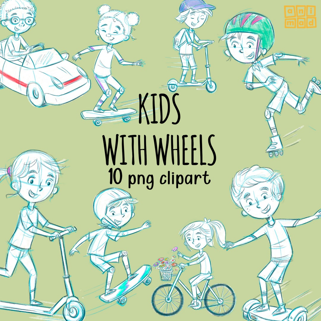 KIDS WITH WHEELS Clip Art, Kids Riding Bikes Sketches, Skate Kids ...