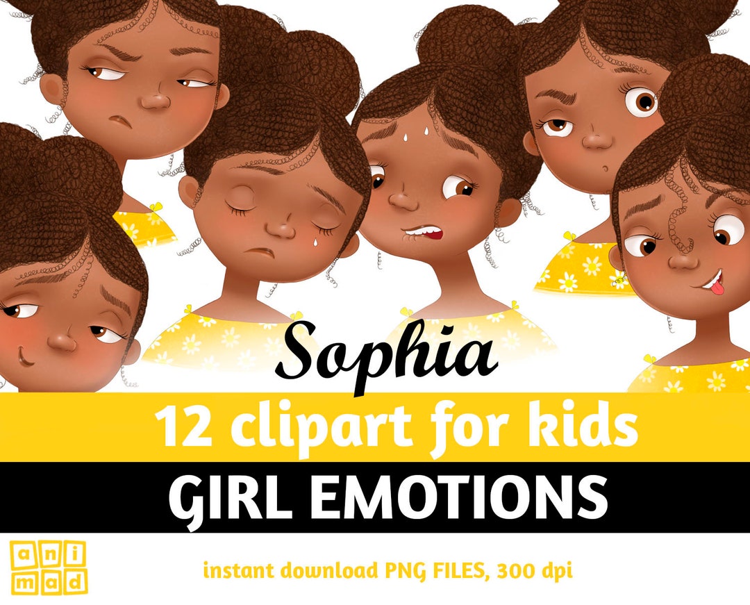 GIRL EMOTIONS Clip Art for Kids, Feelings Clipart, Afro American Girl ...