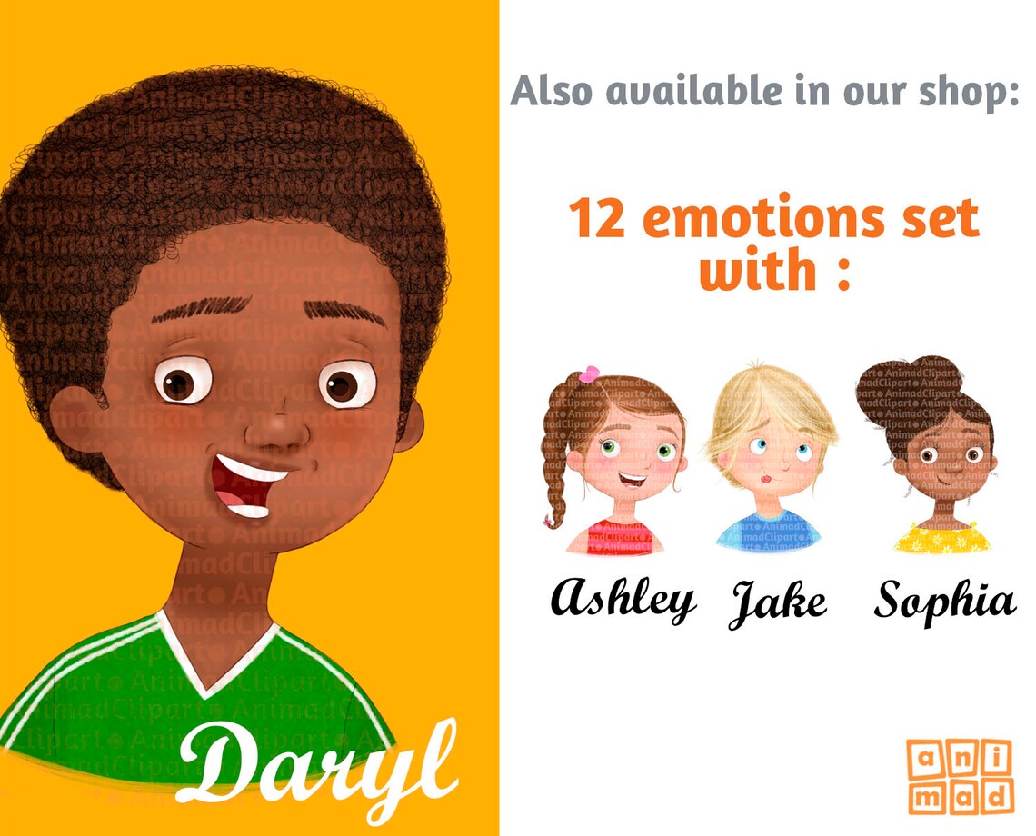 BOY EMOTIONS Clip Art for Kids, Feelings Clipart, Afro American Boy ...