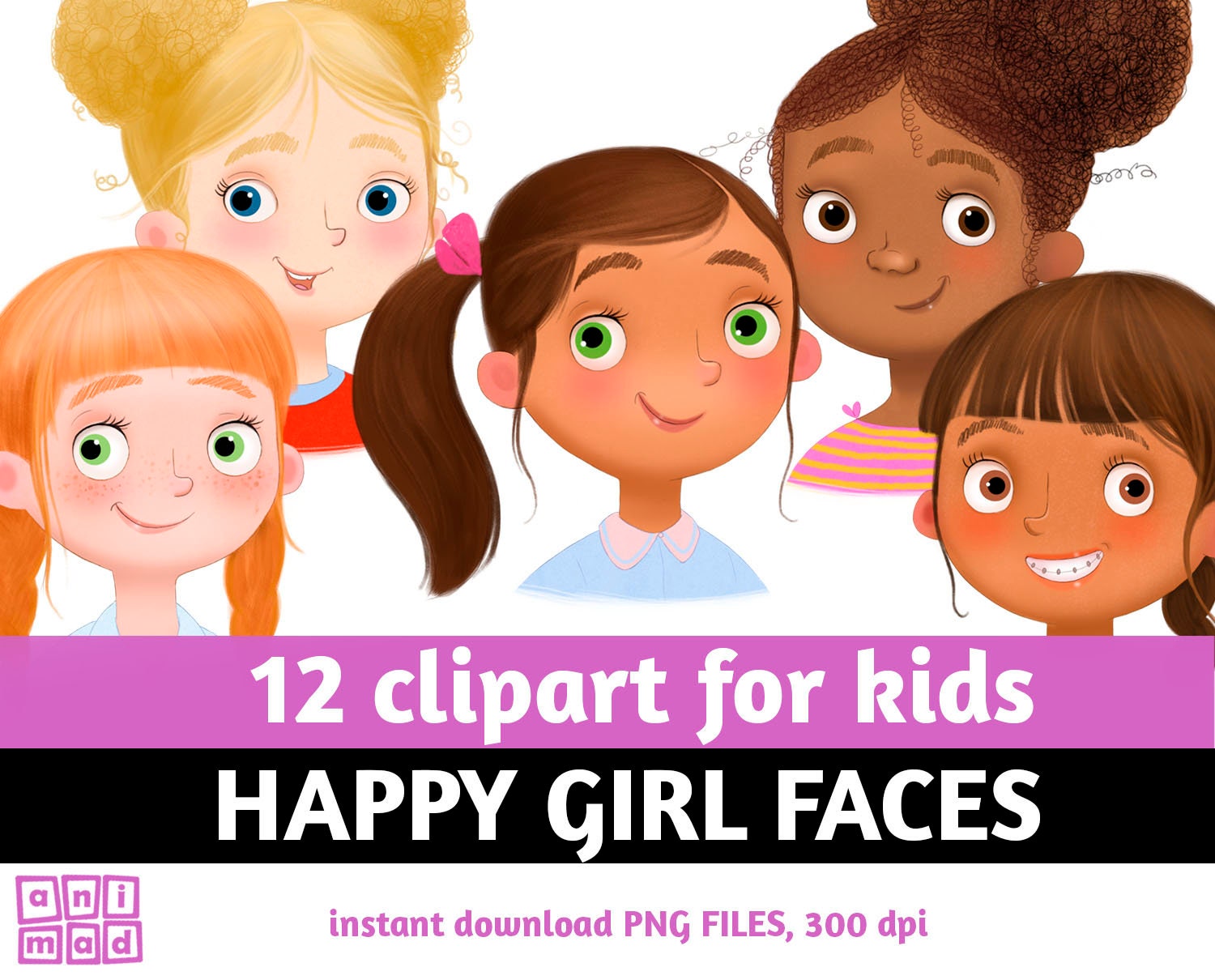 HAPPY Girls Clip Art for Kids Girls Faces Diversity - Etsy