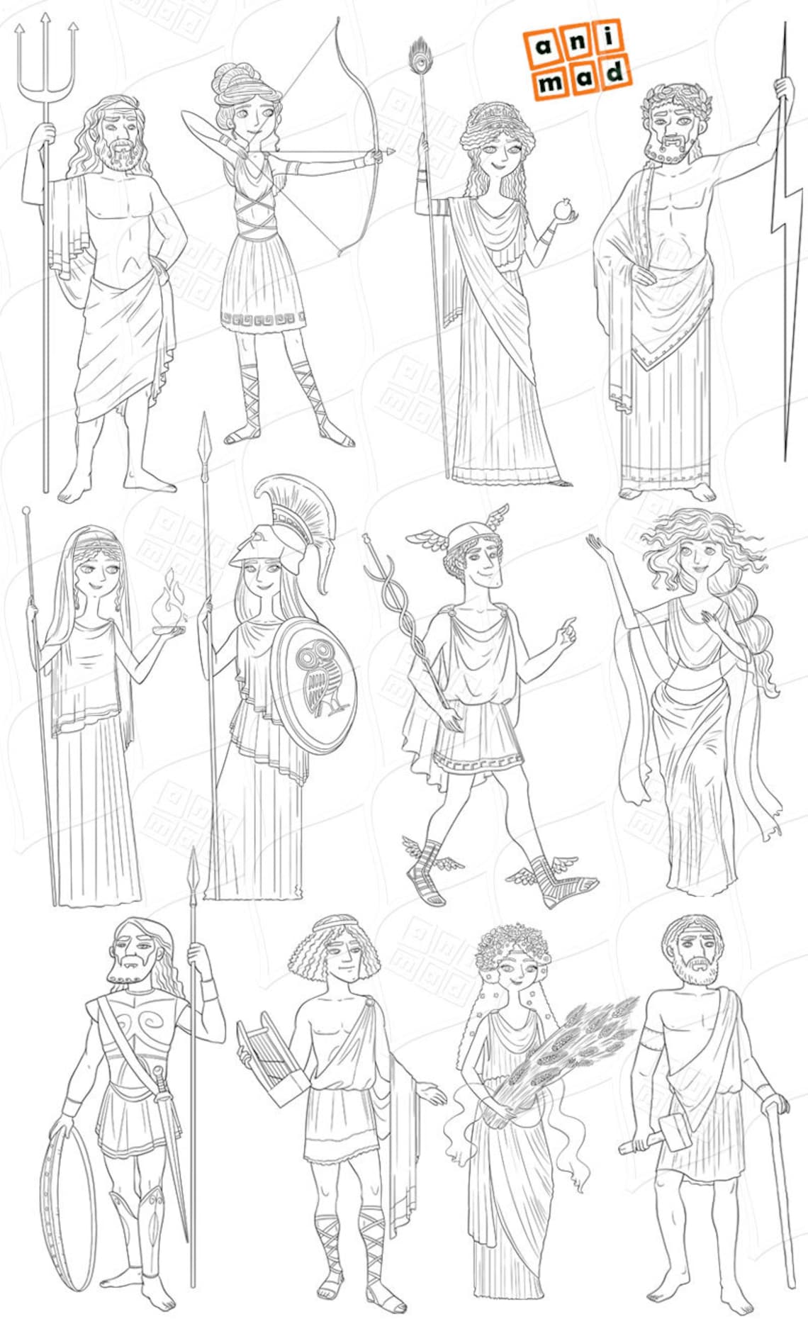 Coloring Pages for kids 12 ancient Greek-Roman gods instant | Etsy