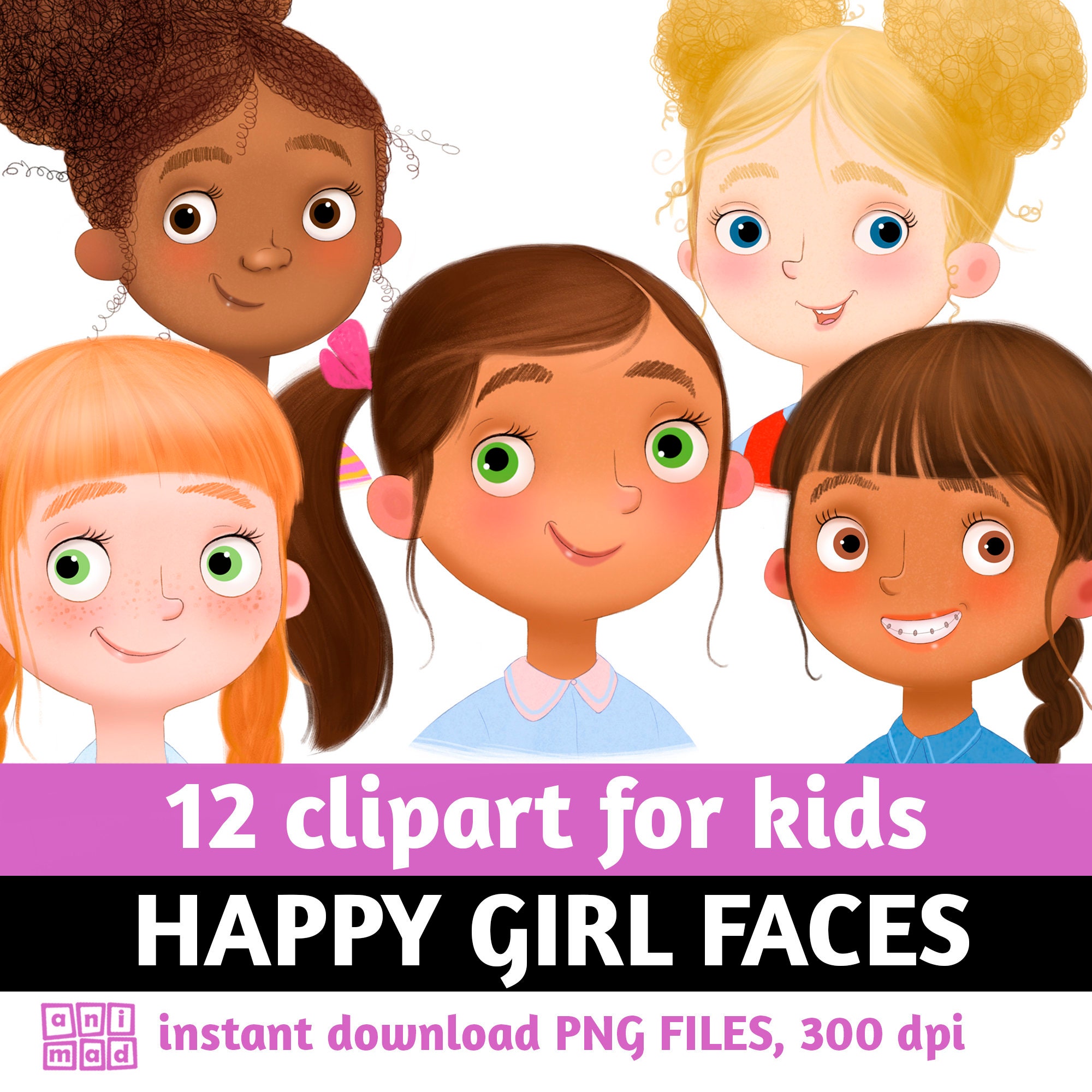 HAPPY Girls Clip Art for Kids, Girls Faces, Diversity, Feelings Clipart ...