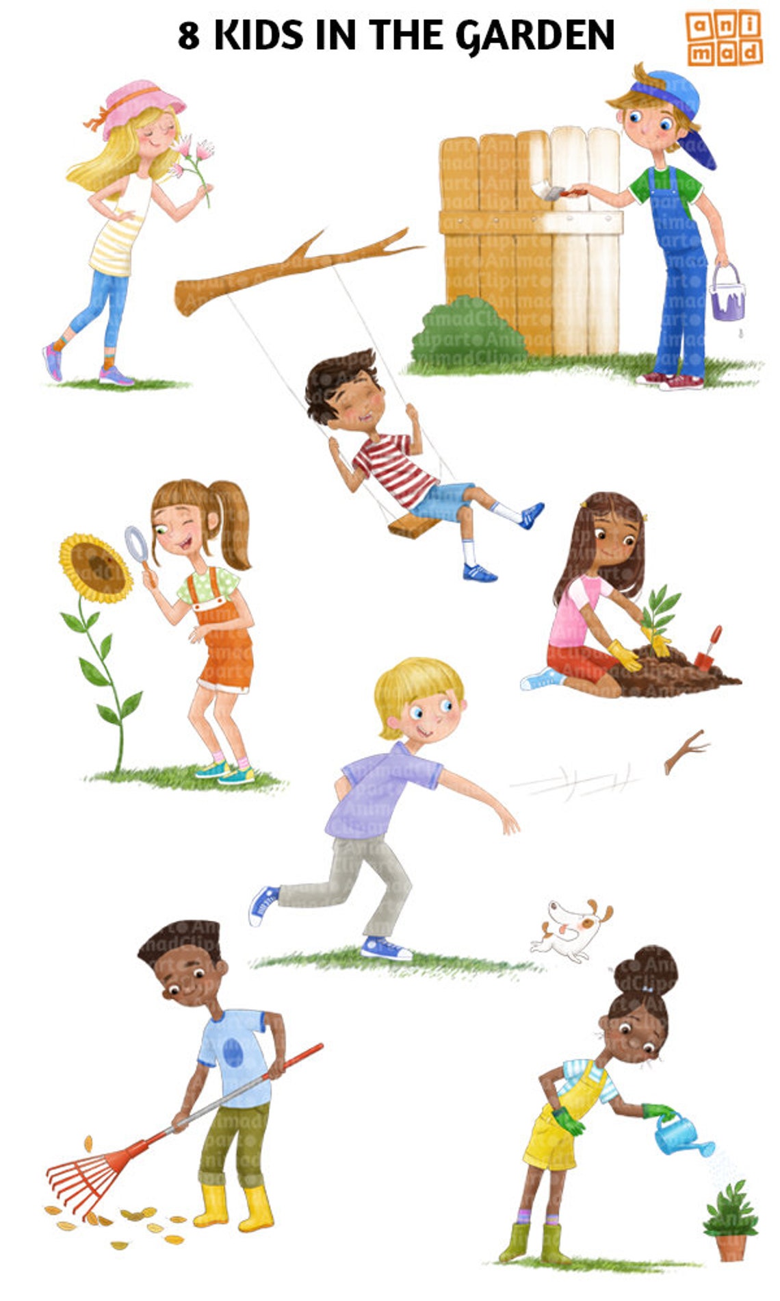 Kids in Garden Clipart: Diverse Children Gardening (instant Download ...