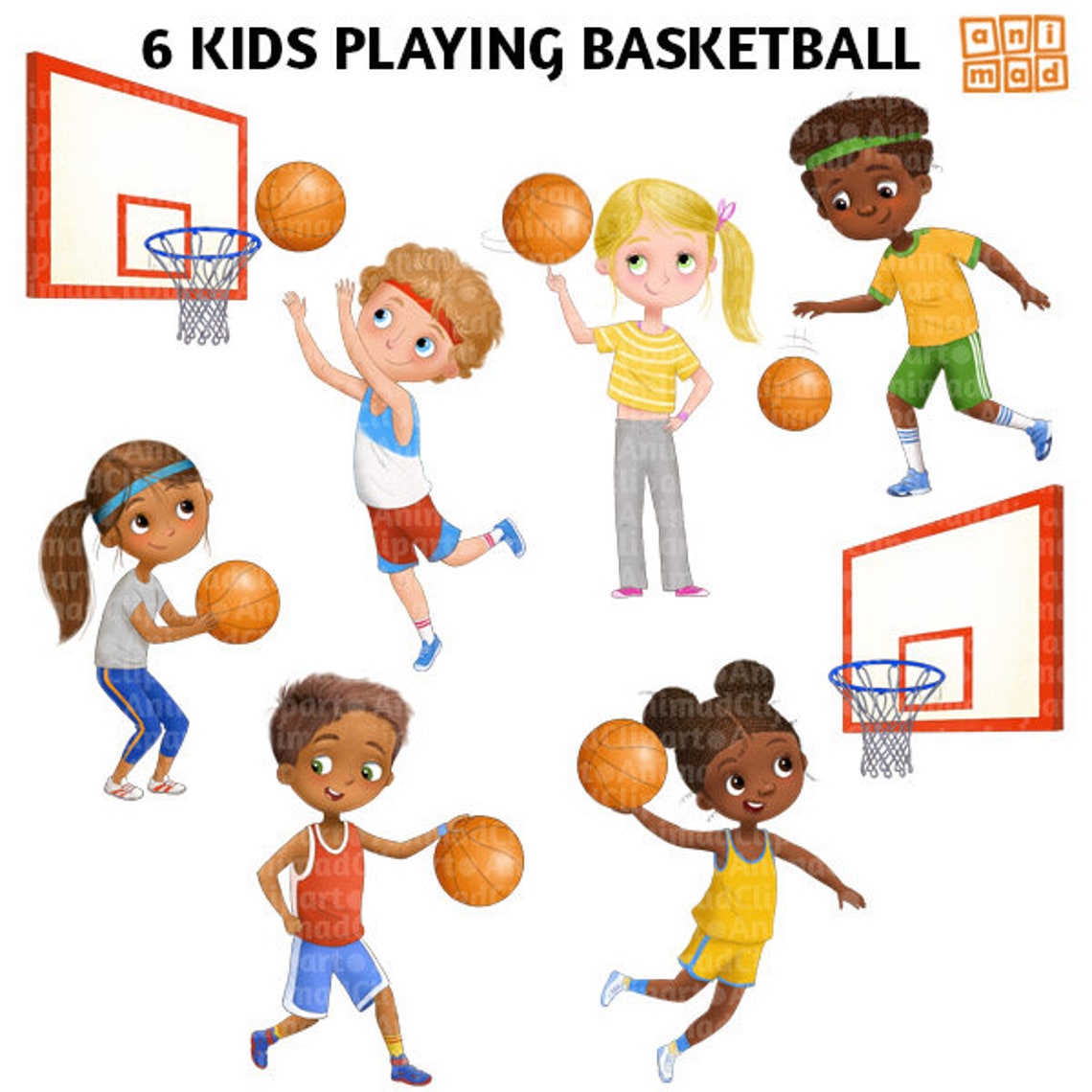 KIDS PLAYING BASKETBALL Clip Art, Diversity, Clipart for Kids, Boy ...