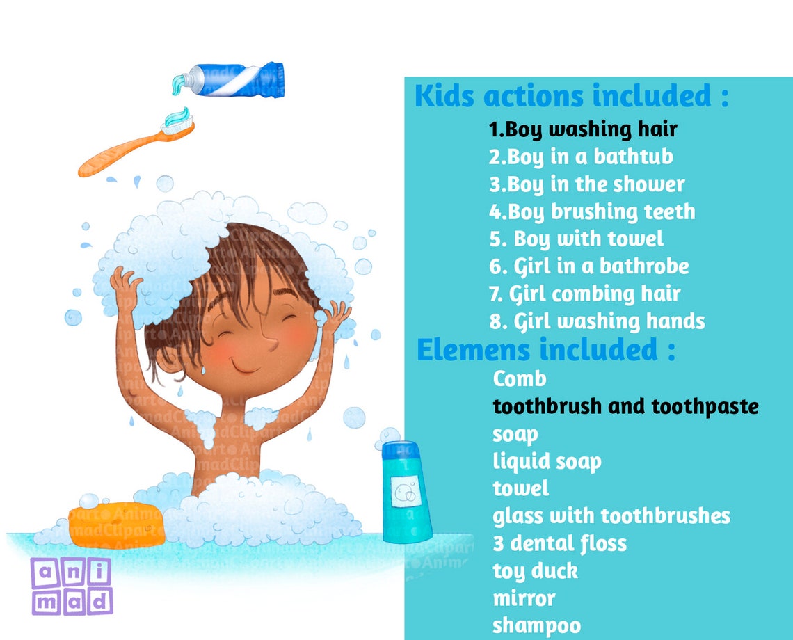 Kids Hygiene Clipart: Diverse Daily Routine Graphics (PNG Digital ...