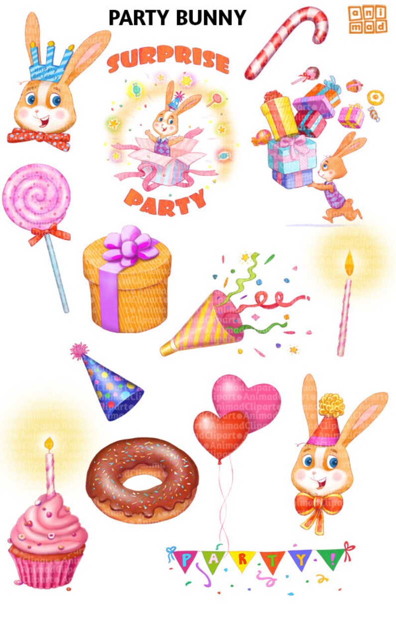 PARTY BUNNY Clip Art for Kids, Birthday Clipart, Party Clipart, Funny ...