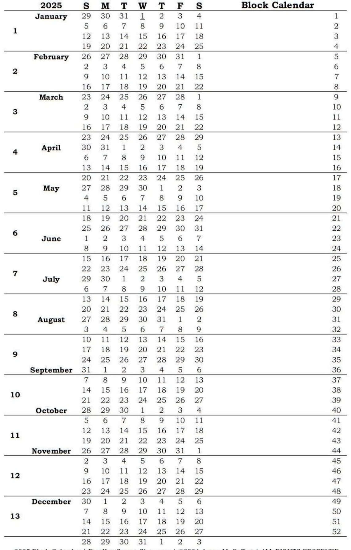 2025 BLOCK CALENDAR | 4 Four-week (28 Day) Blocks | Printable PDF Legal ...