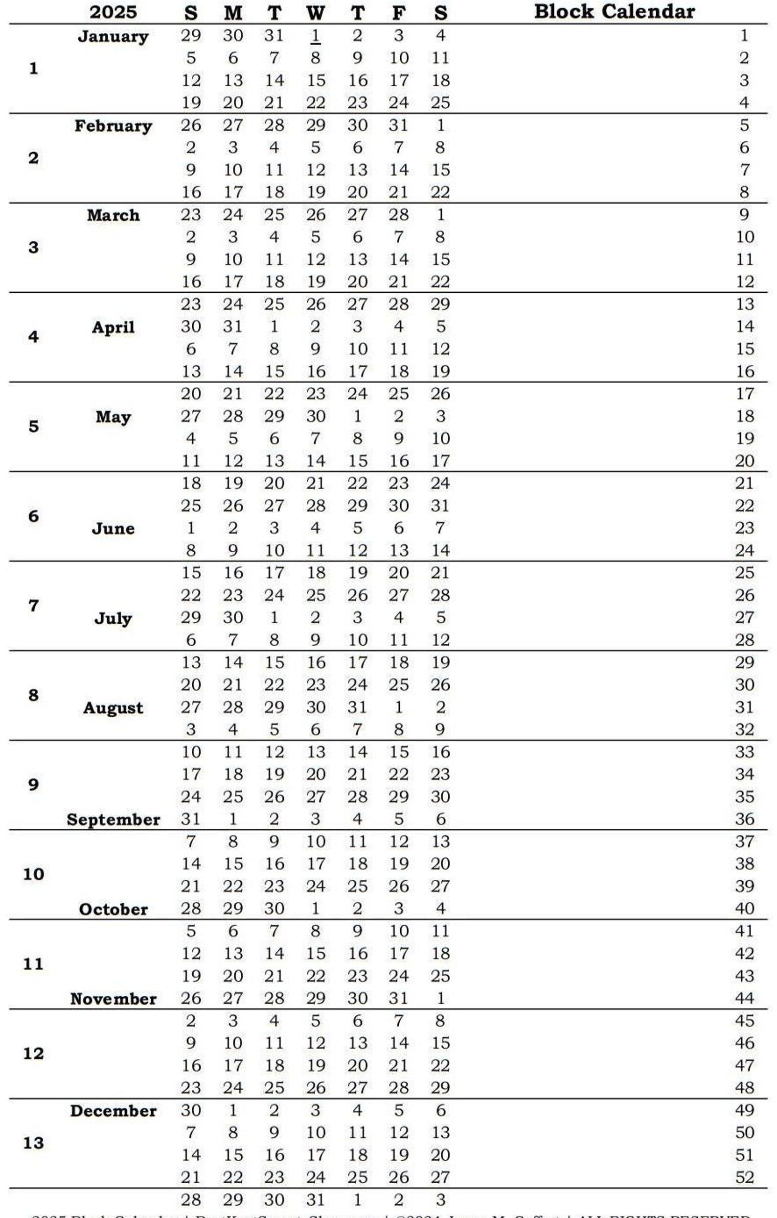2025 BLOCK CALENDAR | 4 Four-week (28 Day) Blocks | Printable PDF Legal ...