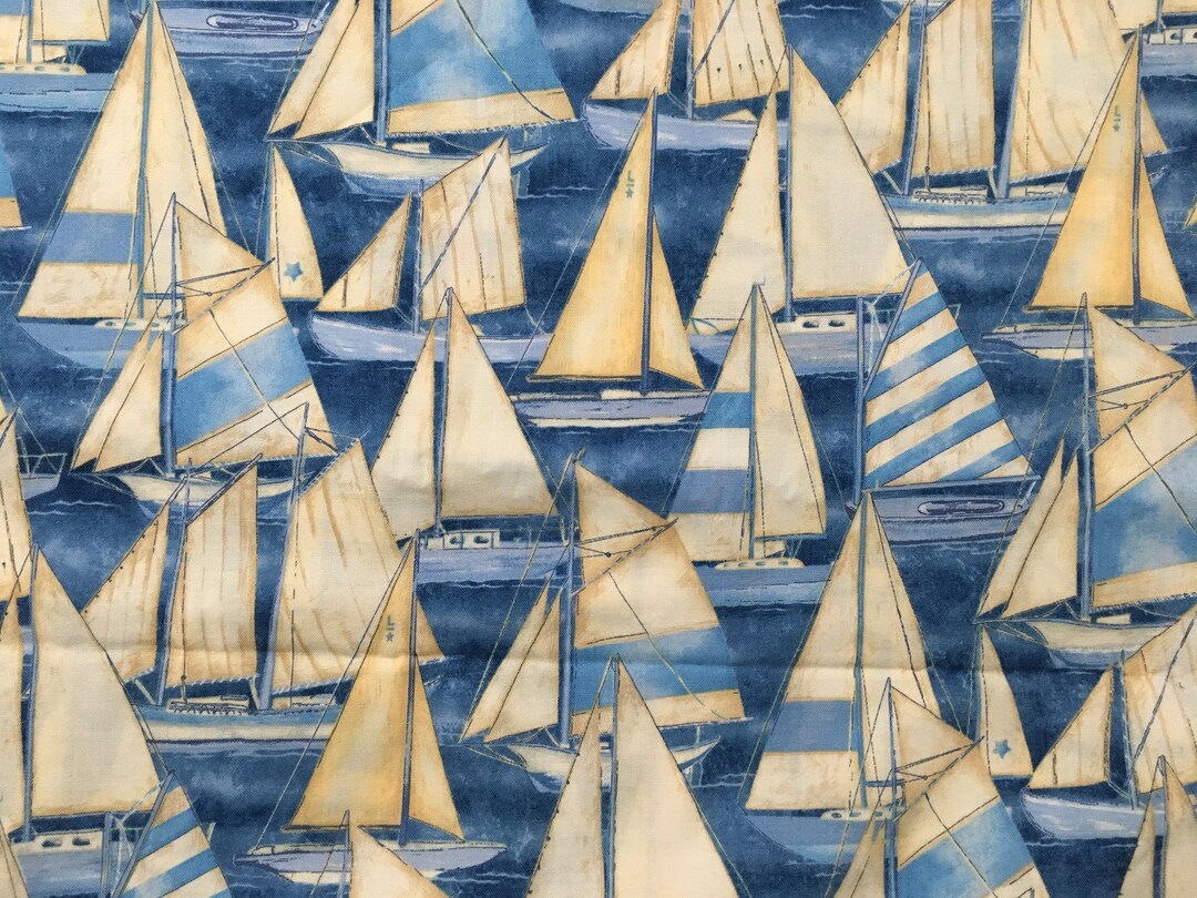 Sailboats SOLD by the HALF Yard Sails in Cream Tan Light Blue Ocean ...
