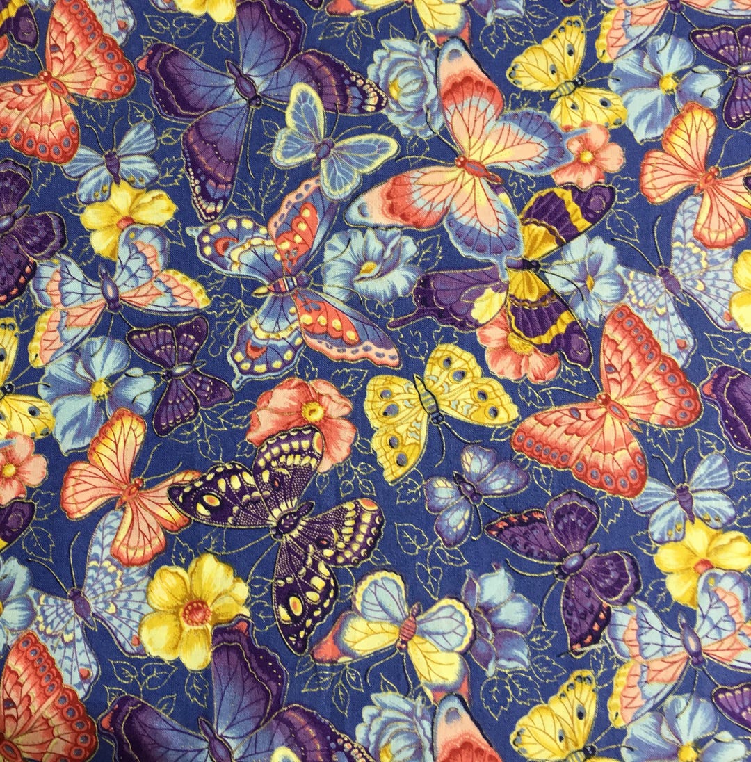 Butterflies Flowers by the Fat QUARTER Pastels Pink Blue Purple Yellow ...