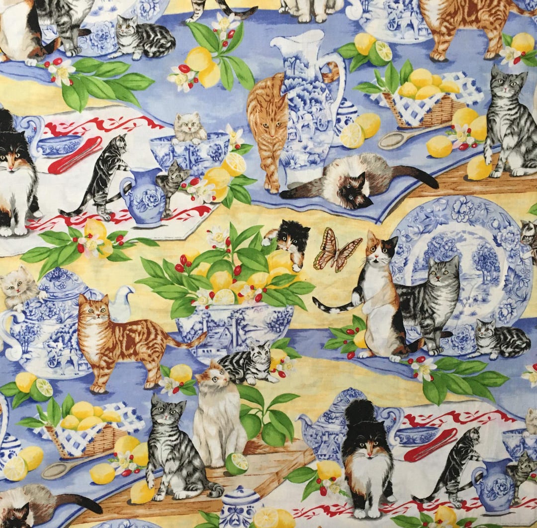Cats 17" X 43" Siamese Calico Striped Calico Ginger Delft China Lemons ...
