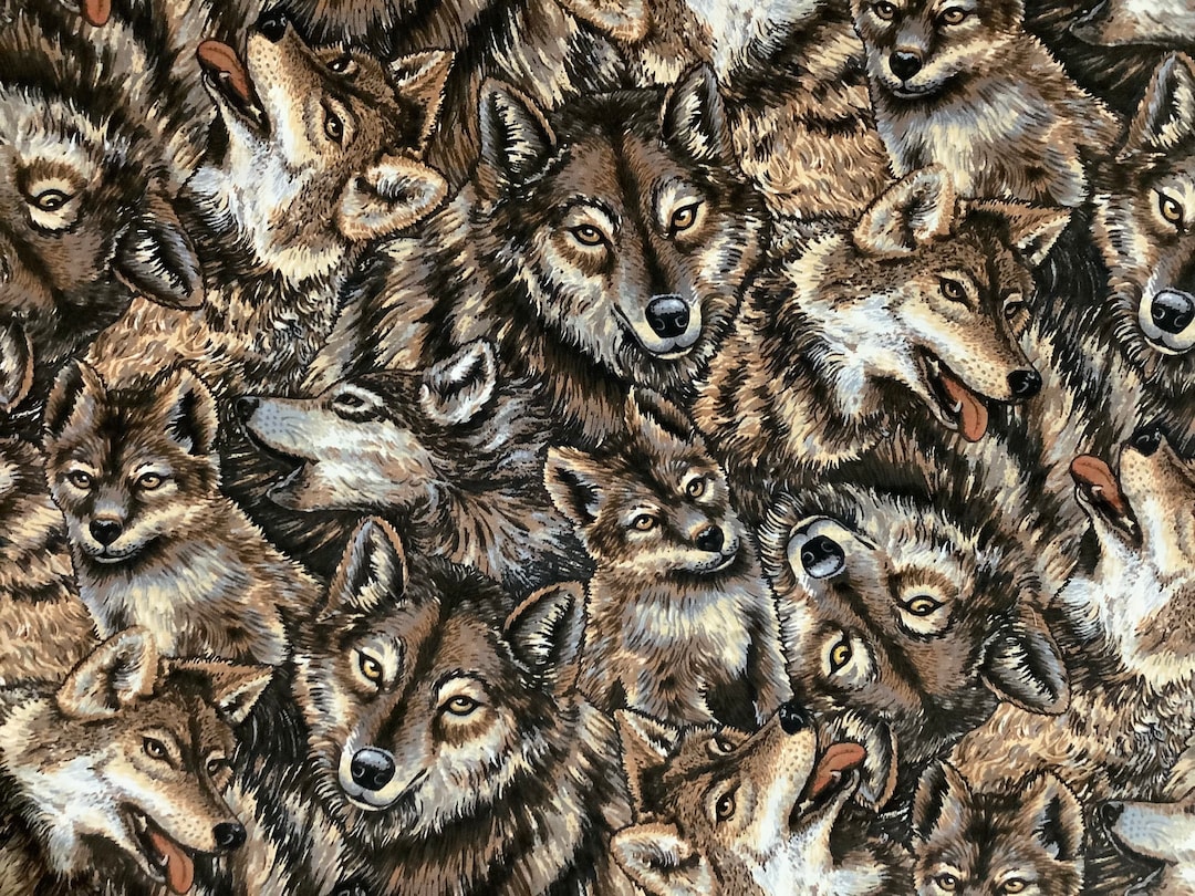 Wolves SOLD by the HALF Yard Packed Wolf Faces Brown Tan Wolves Please ...