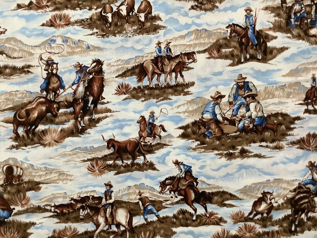 Horses Cowboys SOLD by the HALF Yard Roping Cattle Sagebrush Cattle ...