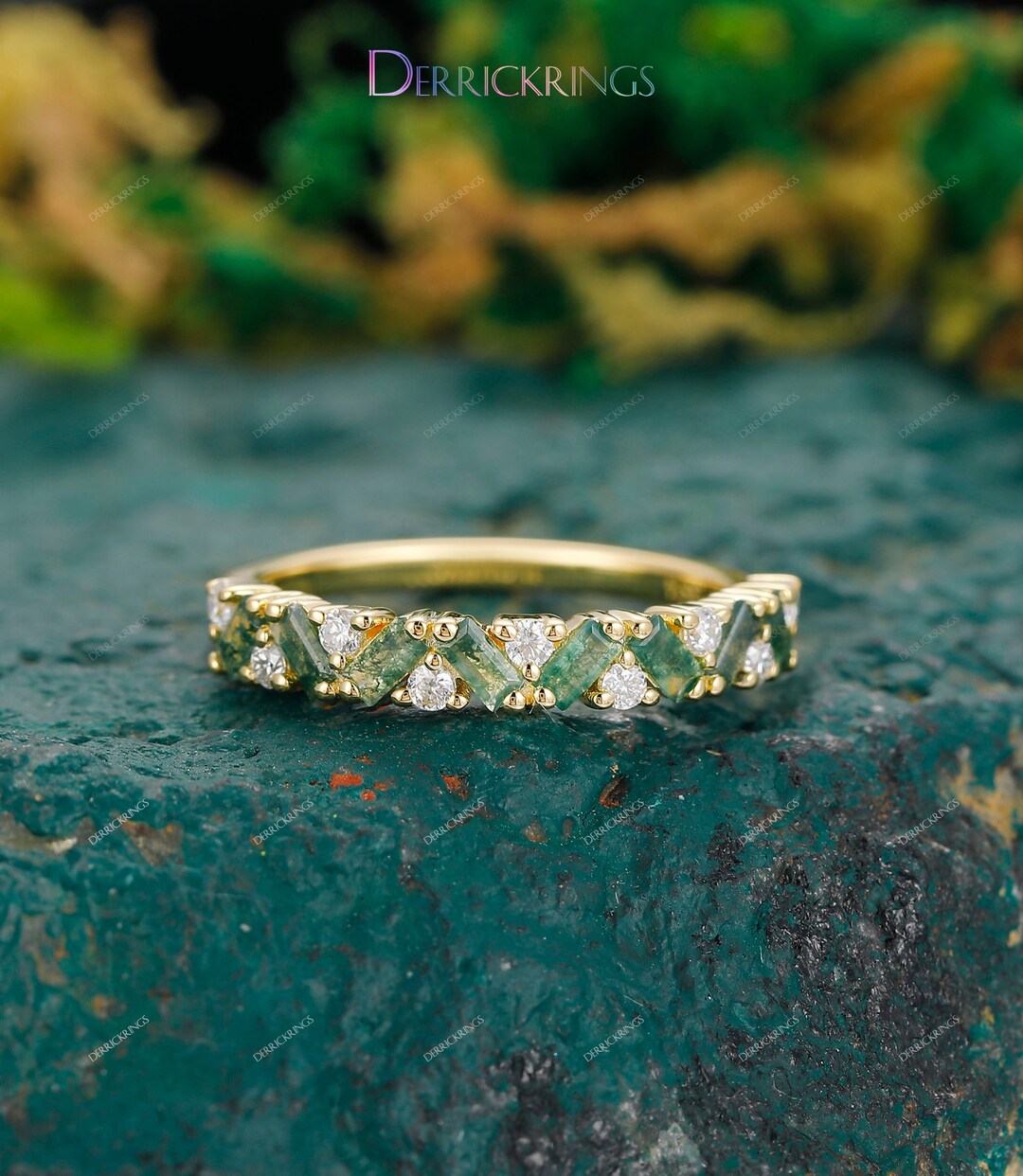 Moss Agate Cluster Wedding Band Bridal Moissanite Ring Promise ...