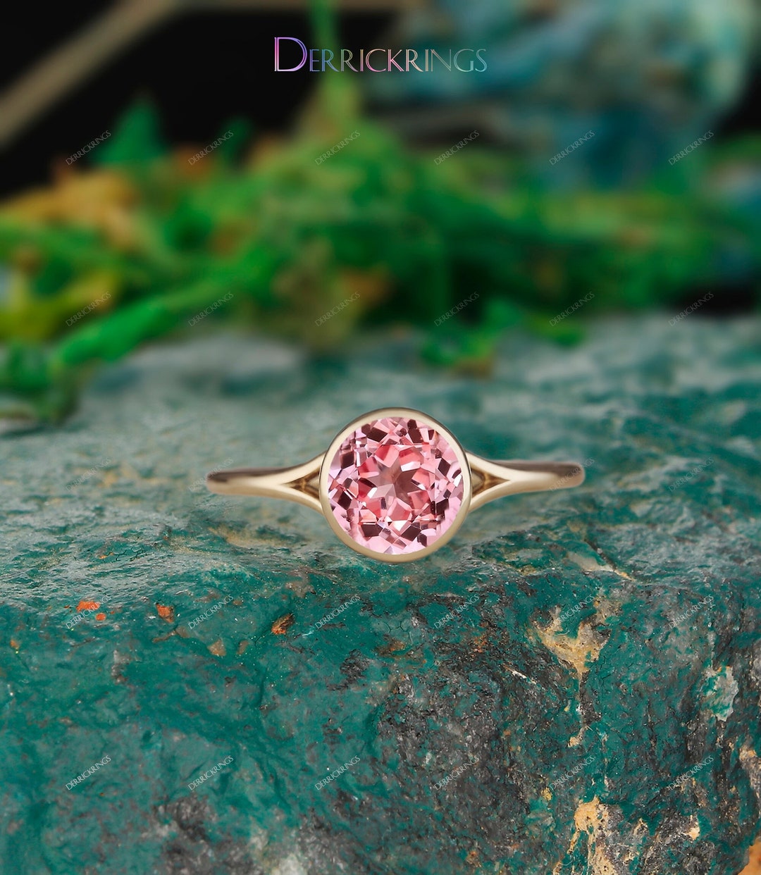 Round Shaped Pink Sapphire Engagement Ring Art Deco Solid Gold Rings ...