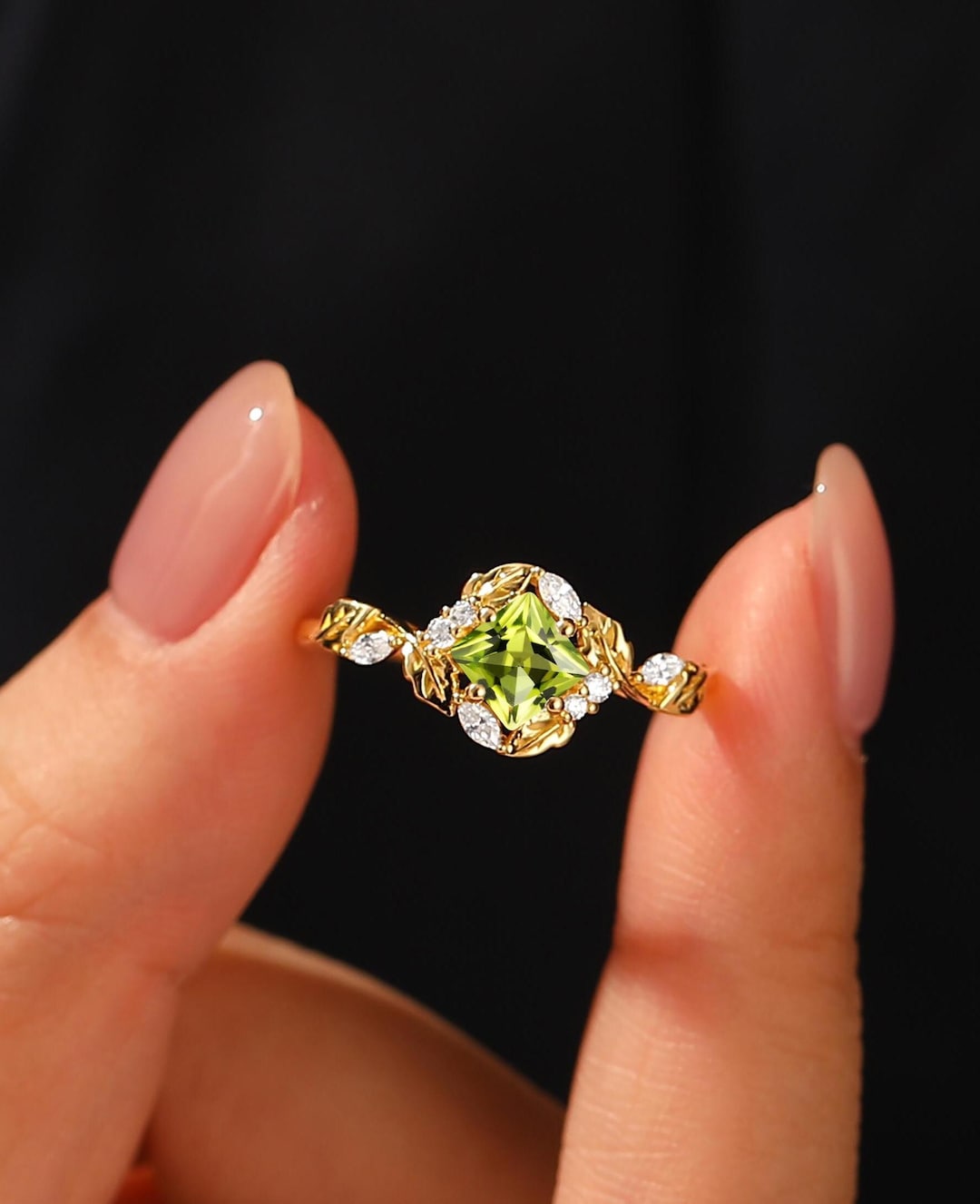 Peridot Moissanite Branch Ring, Princess Cut Green Gemstone Engagement ...