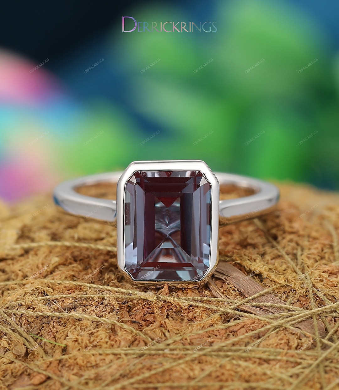 Cathedral Set Bezel 3CT Emerald Cut Alexandrite Bridal Ring Solitaire ...