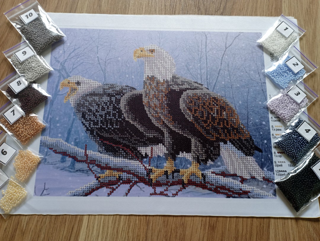 Eagles in Winter Bead Embroidery Kit Beading Painting Bald Eagle Beaded Stitching Stamped ...