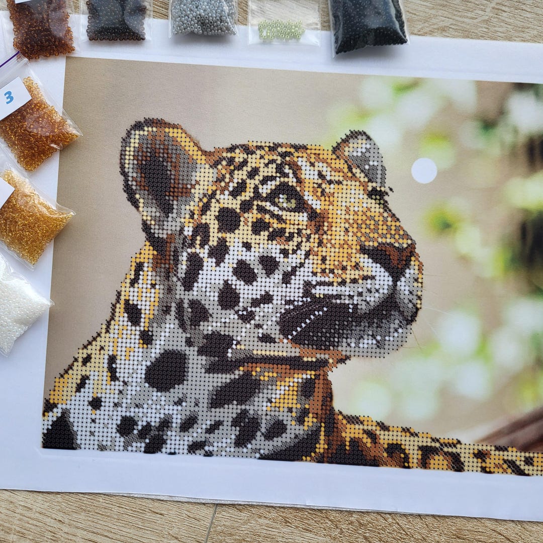 Bead Embroidery Kit | Jaguar Wildlife Art | DIY Beaded Painting Big Cat ...