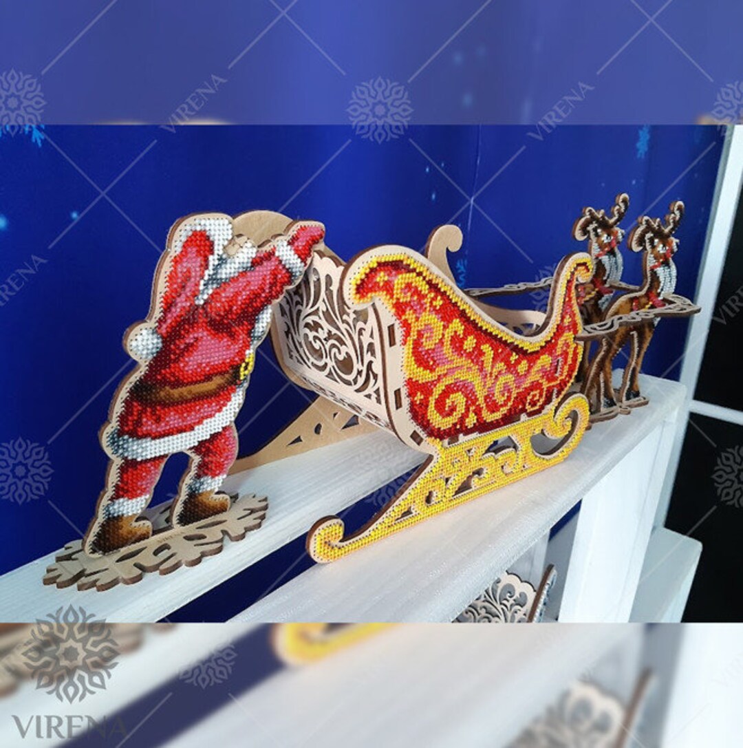 Santa Sleigh and Reindeer Christmas 3D Wood Decoration DIY Beadwork ...