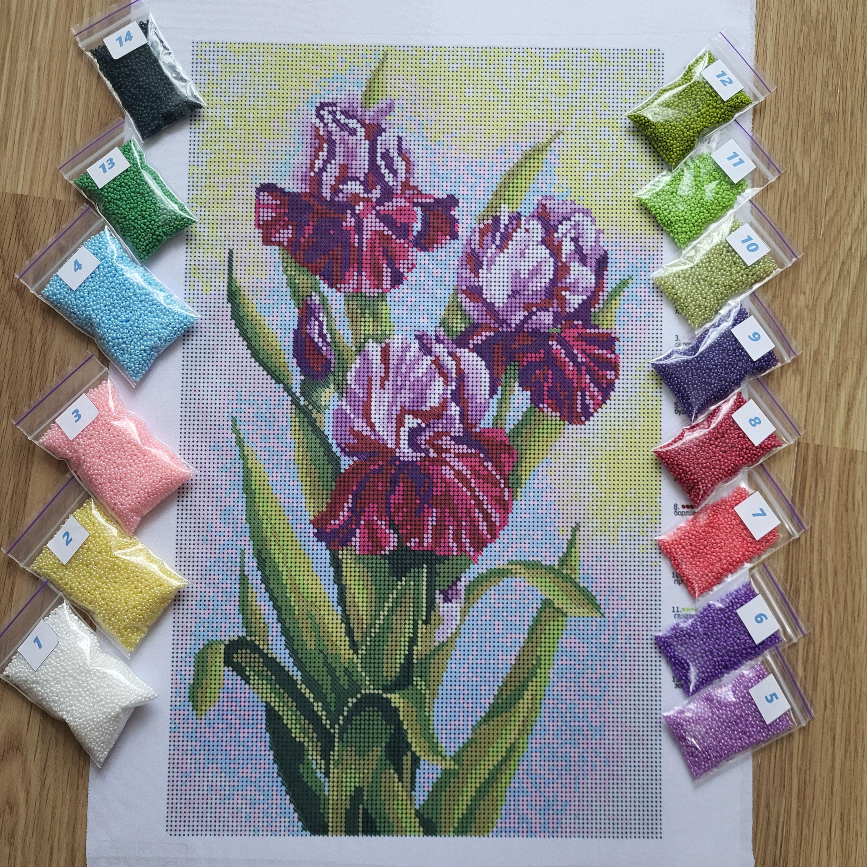 Iris Bead Embroidery Kit Full Coverage on Gabardine Canvas, DIY ...