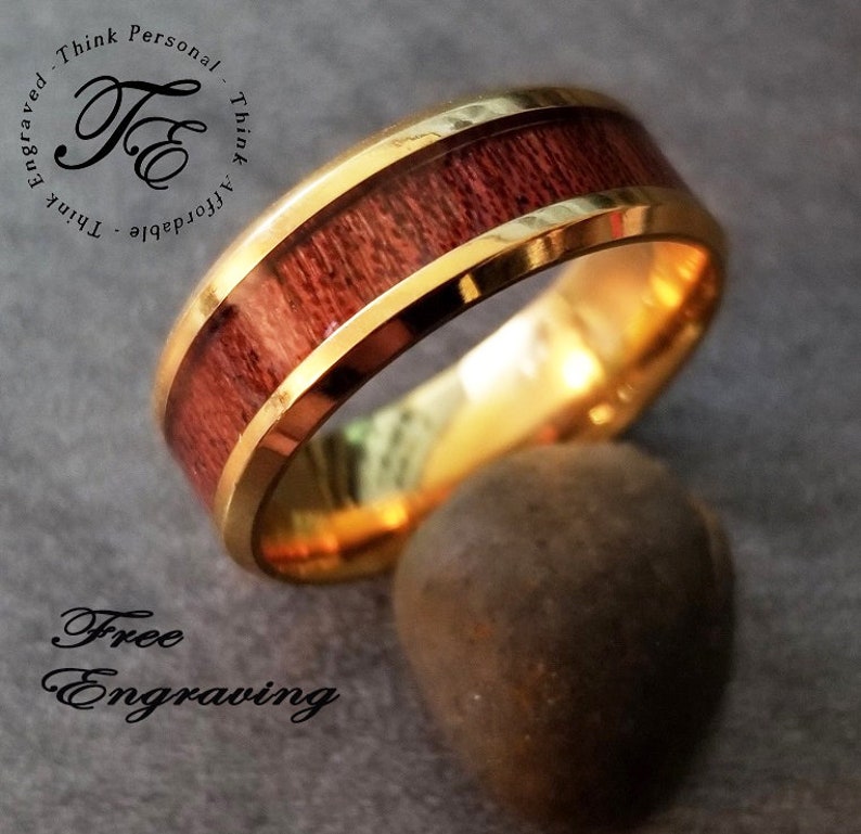 Mens Engraved Gold Promise Band Ring Wood Inlay Gold ip | Etsy