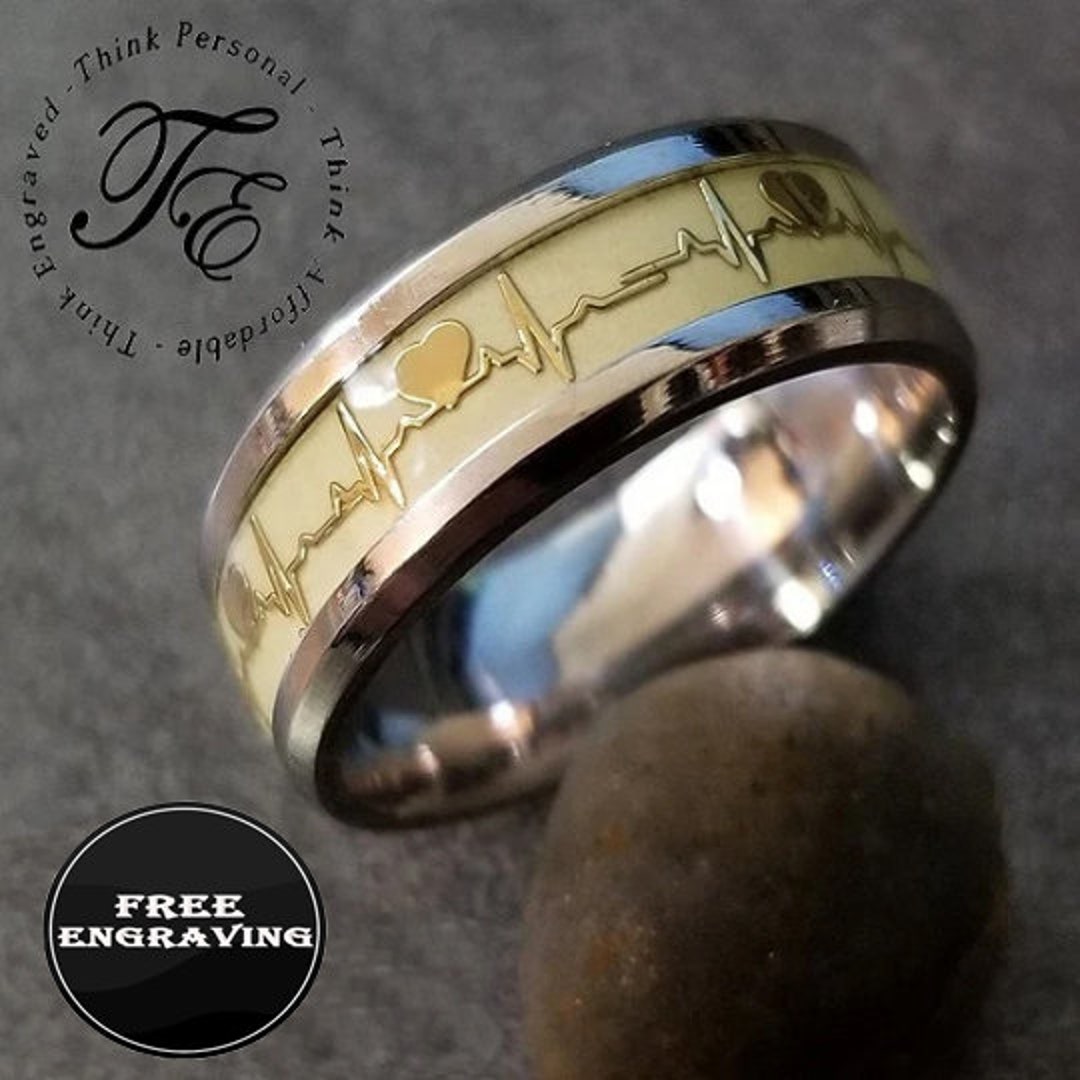 Personalized Men's Wedding Ring Glowing Heartbeat Ring Custom Engraved ...