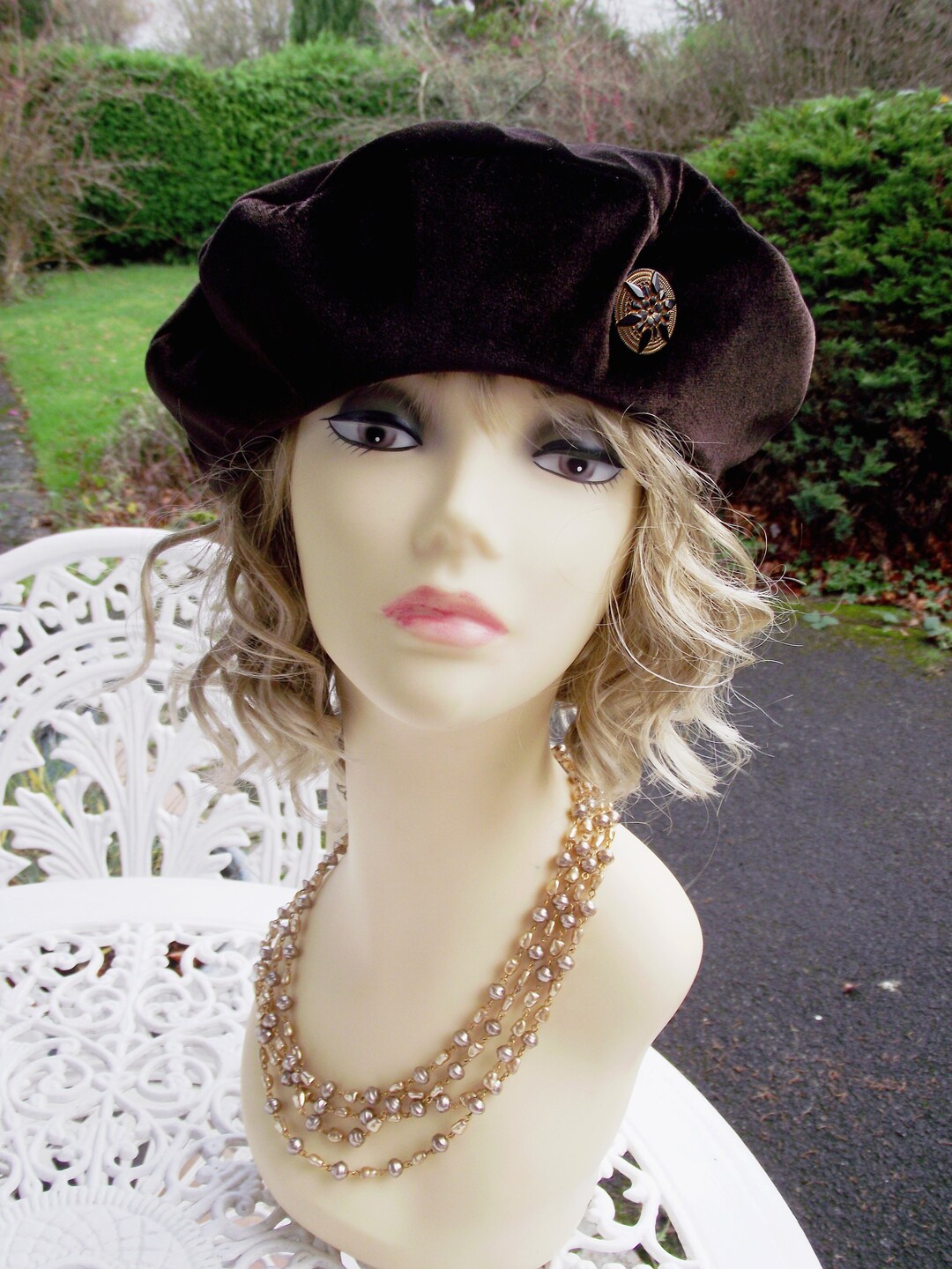 BROWN VELVET BERET Adorned With Classic Glass Button, Lined in Satin ...