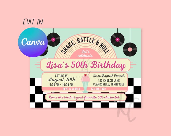 50s Diner Birthday Invitation. Canva. Editable. Fifties Diner. - Etsy